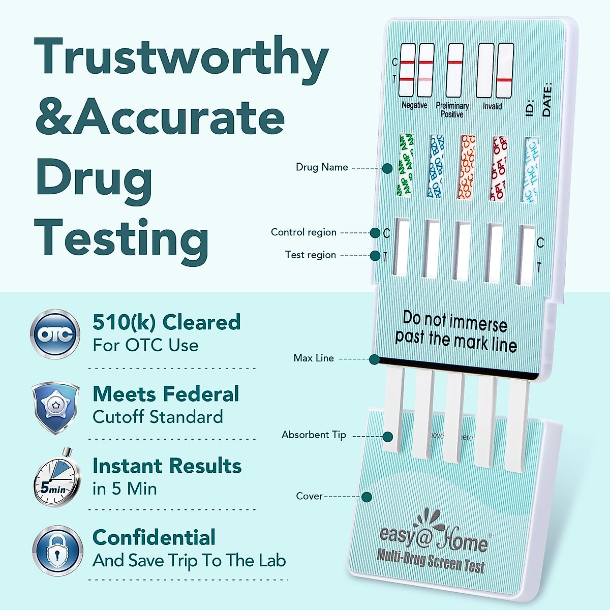 2 Pack Easy@Home 5 Panel Instant Drug Test Kits - Test Marijuana (THC), COC, OPI 2000, AMP, BZO - Urine Dip Drug Testing - #EDOAP-754