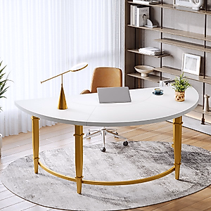 Tribesigns 63 Inch Computer Executive Desk, Modern Simple Study Writing Desk with Half Round Thick Tabletop and Heavy Duty Metal Frame, Large Desk Laptop Table Workstation for Home Office, White/Gold
