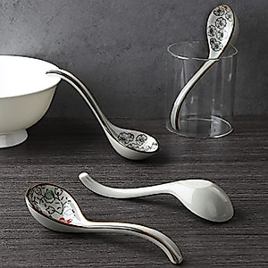 Ceramic Soup Spoons Set of 4 Porcelain Japanese Soup Spoon Long Handle Asian Soup Spoon Sets for Pho Ramen Noodles Wonton Dumpling Rice (Model 2#)