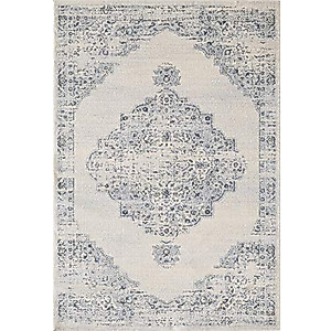 Abani 5'3" x 7'6" Rugs Ivory & Blue Distressed Floral Motif Area Rug - Rugged Traditional Vintage Style Accent Rug, Troy Collection