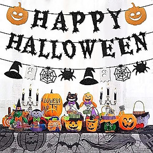 Happy Halloween Banner - Halloween Hanging Paper Garland Bunting Banner Bloody Pumpkin Decorations, Photo Backdrop for Wall Home Mantle Office Wall Scary Party Supplies