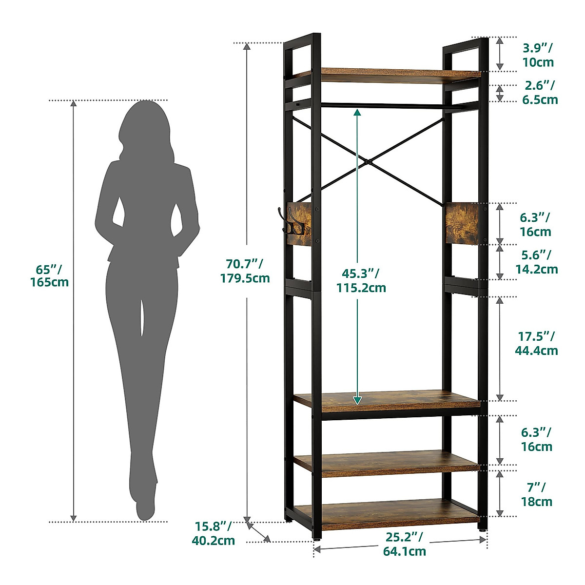 YITAHOME Small Heavy Duty Clothes Rack with Storage Shelves and Hanging Rod, Industrial Hall Tree Garments Rack, Freestanding Closet Organizer for Small Space, Entryway, Bedroom, Rustic Brown