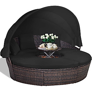 HAPPYGRILL Patio Daybed with Canopy Outdoor Furniture Set Sofa Set Rattan Wicker Round Daybed with Soft Cushions Coffee Table for Patio Backyard Poolside
