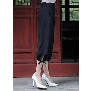 Shanghai Story Women Linen Elastic Waistband Wide Leg Capri Pants Black XL