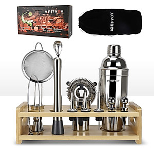 24-Piece Cocktail Shaker Set - MHIFYOY Bartender Kit - Stainless Steel Martini Mixer Bar Tools with Bamboo Stand, Ideal Gift Pack & Fine Mesh Strainer(Silver)