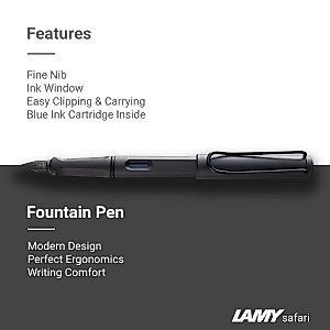 Boxiti Set - Lamy Safari Fountain Pen Charcoal, Fine Nib | 5 Black Ink Cartridges, Z28 Converter and Wipe