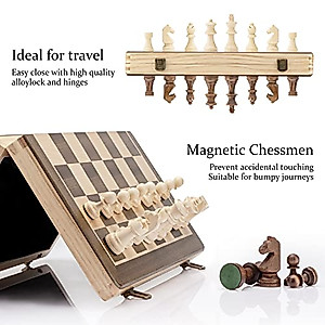A&A 15" Magnetic Wooden Chess Set/Folding Board / 3" King Height German Knight Staunton Chess Pieces/Walnut & Maple Inlaid /2 Extra Queen/Board Games Chess Sets for Adults and Kids