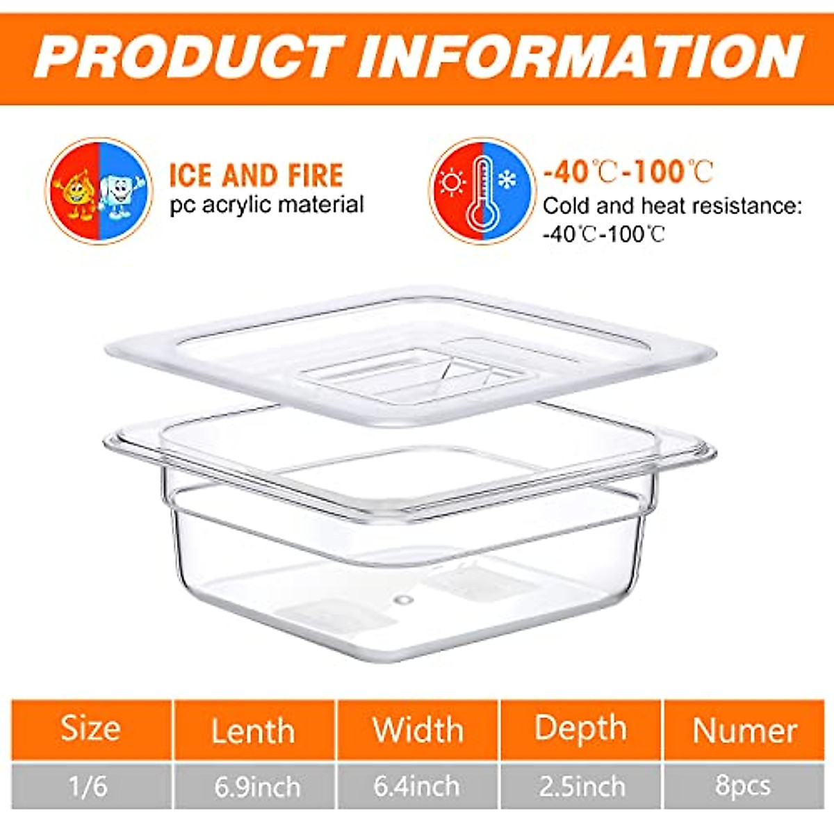 Clear 1/6 Size, Food Pan Polycarbonate Square Food Storage Containers with Lids for Kitchen Restaurant Food Prep (8 Pcs, 2.6 Inch, 1 Quart)