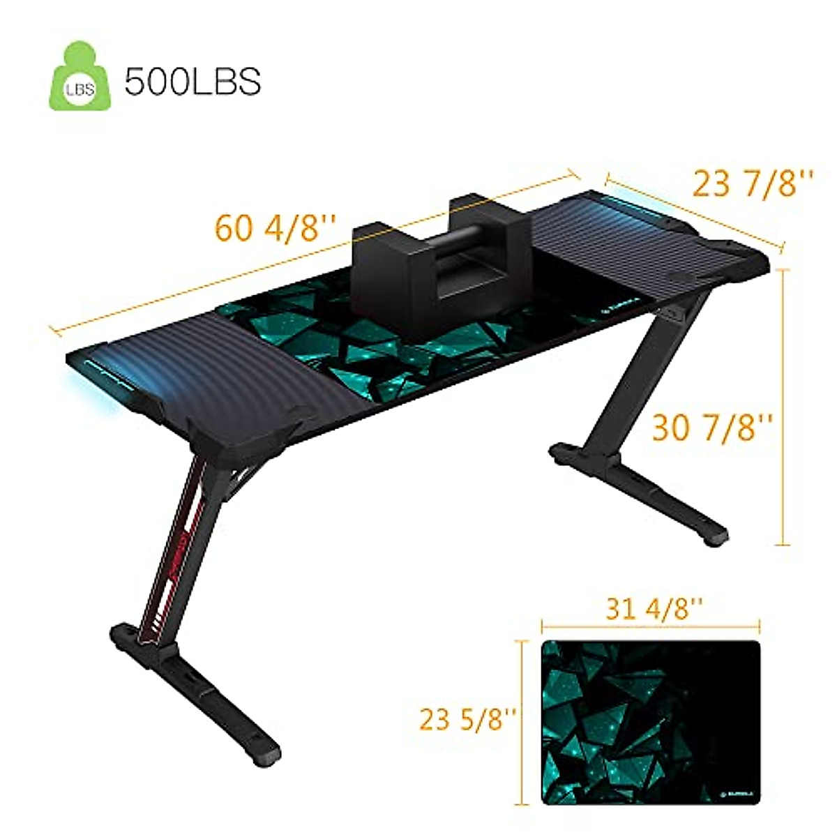 DESIGNA 60" Gaming Desk with RGB LED Lights, Large Z-Shaped Gaming PC Desk with Carbon Fiber Desktop Home Office Computer Game Desk Table for Gamer W Mouse Pad, Cup Holder, Headphone Hook, Black