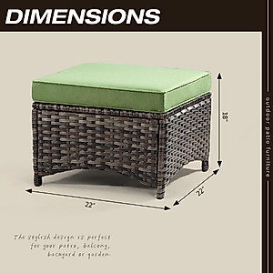 MeetLeisure Outdoor Ottomans for Patio Set of 2 PE Wicker Steel Frame Outdoor Footstool with Removable Olefin Cushions for Patio, Backyard and Deck,Green