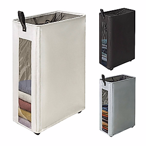 ZERO JET LAG 27 inches Slim Laundry Hamper rolling Large Tall Laundry Basket on Wheels Clear Window Visible Dirty Clothes Hamper Thin Clothes Storage Standable Corner Bin Handy 16"×8.5"×25" Beige