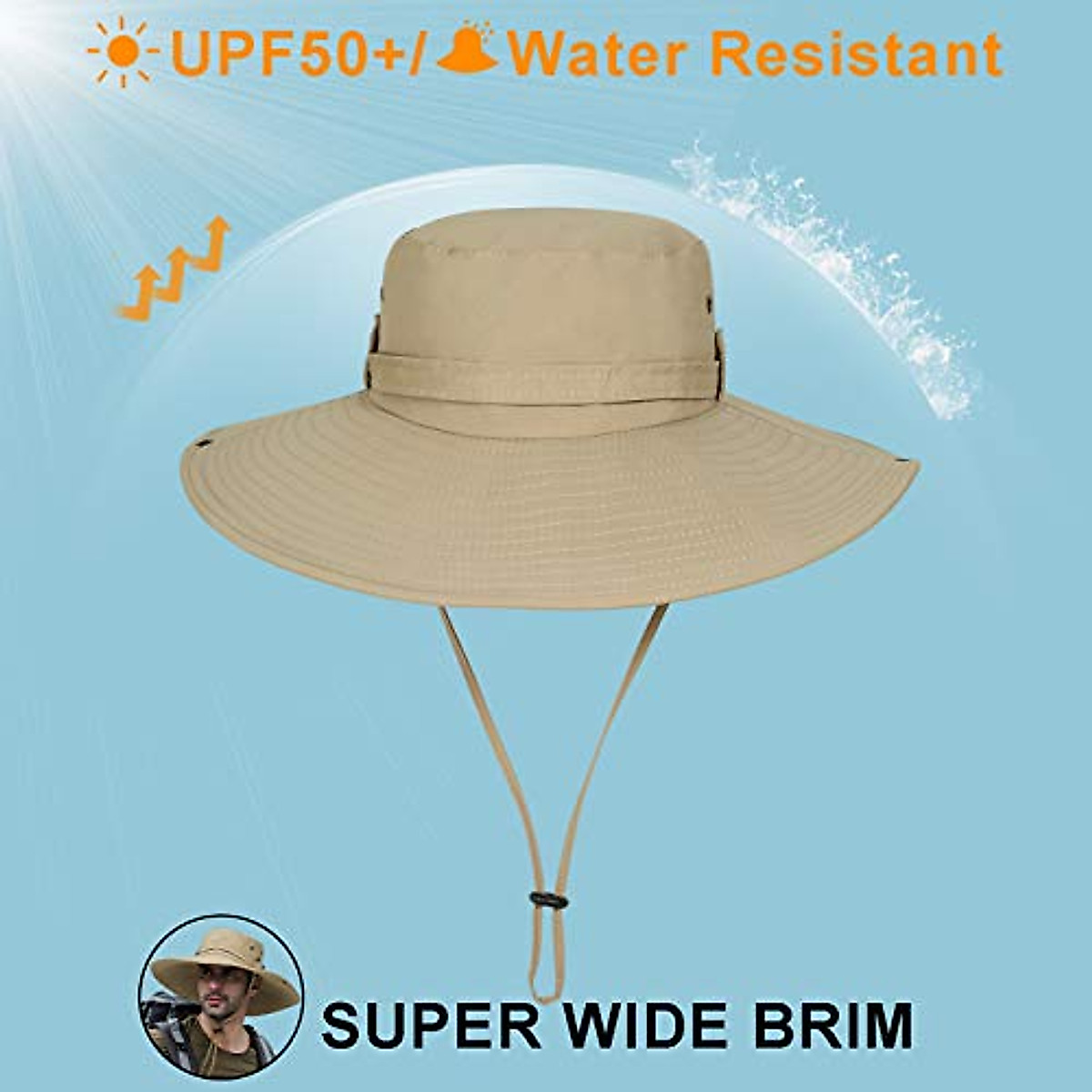 Sun Hat for Men, Super Wide Brim Sun Fishing Hat Safari UPF50+ Bucket Boonie Cap A-Khaki