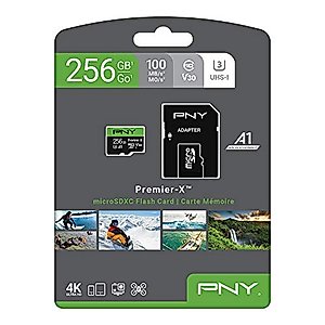 PNY 256GB Premier-X Class 10 U3 V30 microSDXC Flash Memory Card - 100MB/s, Class 10, U3, V30, A1, 4K UHD, Full HD, UHS-I, micro SD