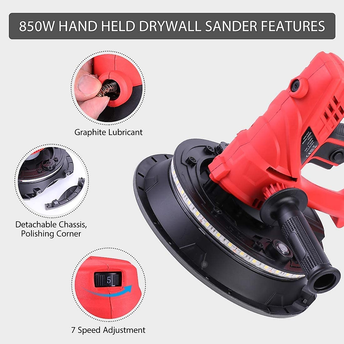 POWER PRO 2600 Electric Drywall Sander - Variable Speed 1500-2600rpm, 850 Watts, with Automatic Vacuum System, LED Light, and Dust Bag (2600)