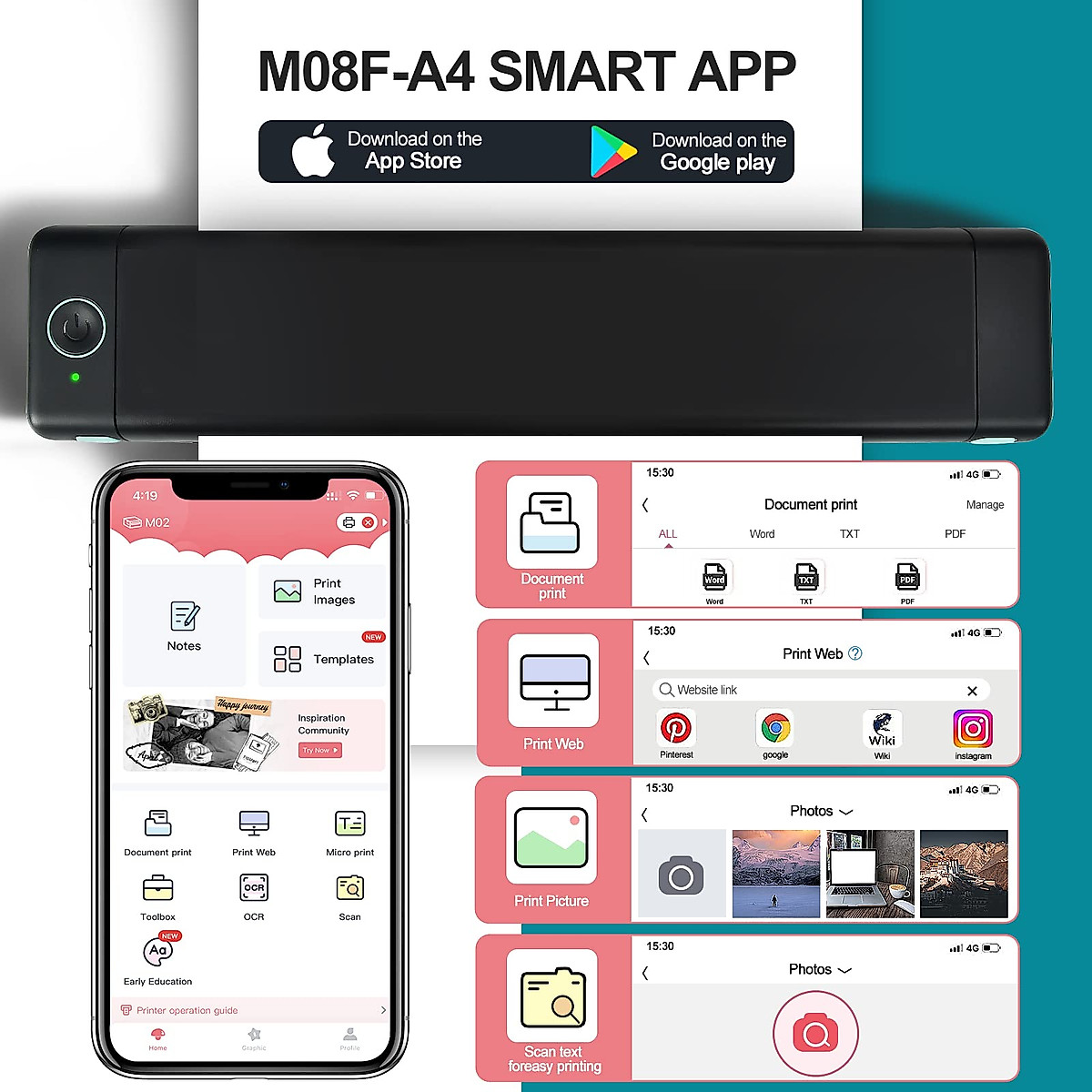 Portable Printers Wireless for Travel Mini Printer, Bluetooth Mobile Printer, Inkless Thermal Printer Support 8.26"x11.69" A4 Thermal Paper, Compatible with Android and iOS Phone & Laptop