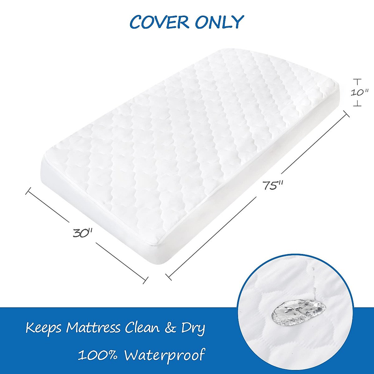 Cot Mattress Pad Waterproof Mattress Protector, Quilted Cot Size Mattress Cover 30" X 75" X 10" Fitted for Narrow Twin/Camp Bunk/Rvs Bunk/Guest Beds, Deep Pocket Mattress Topper, White (Cover Only)