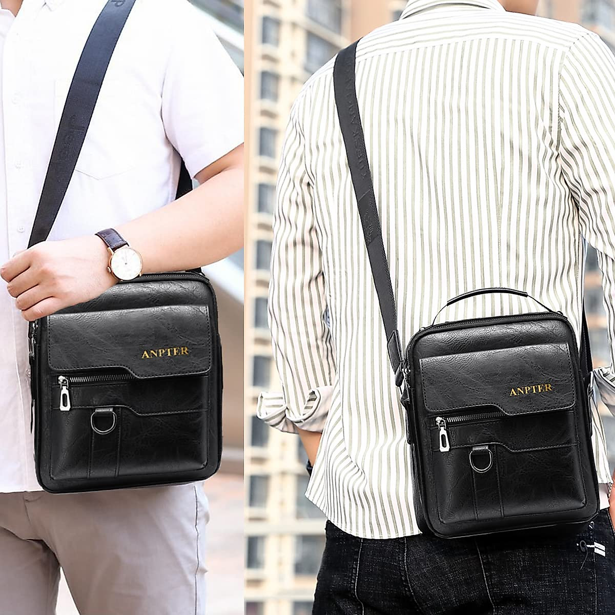 Messenger Bag for Men Crossbody Shoulder Purse Small Vintage PU Leather Satchel Pouch Side Crossover Handbag (Men Messenger Bag for Black)