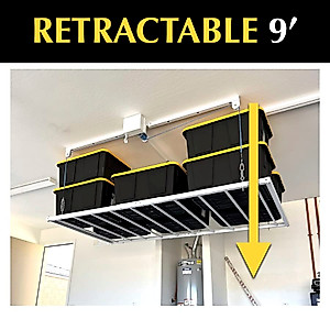 E-Z Garage Storage Syzzor Loft Retractable Overhead Garage Storage Rack - Ceiling-Mounted Lift, Stores 20+ Totes - 800lbs Load Capacity, 4 ft. x 7 ft.