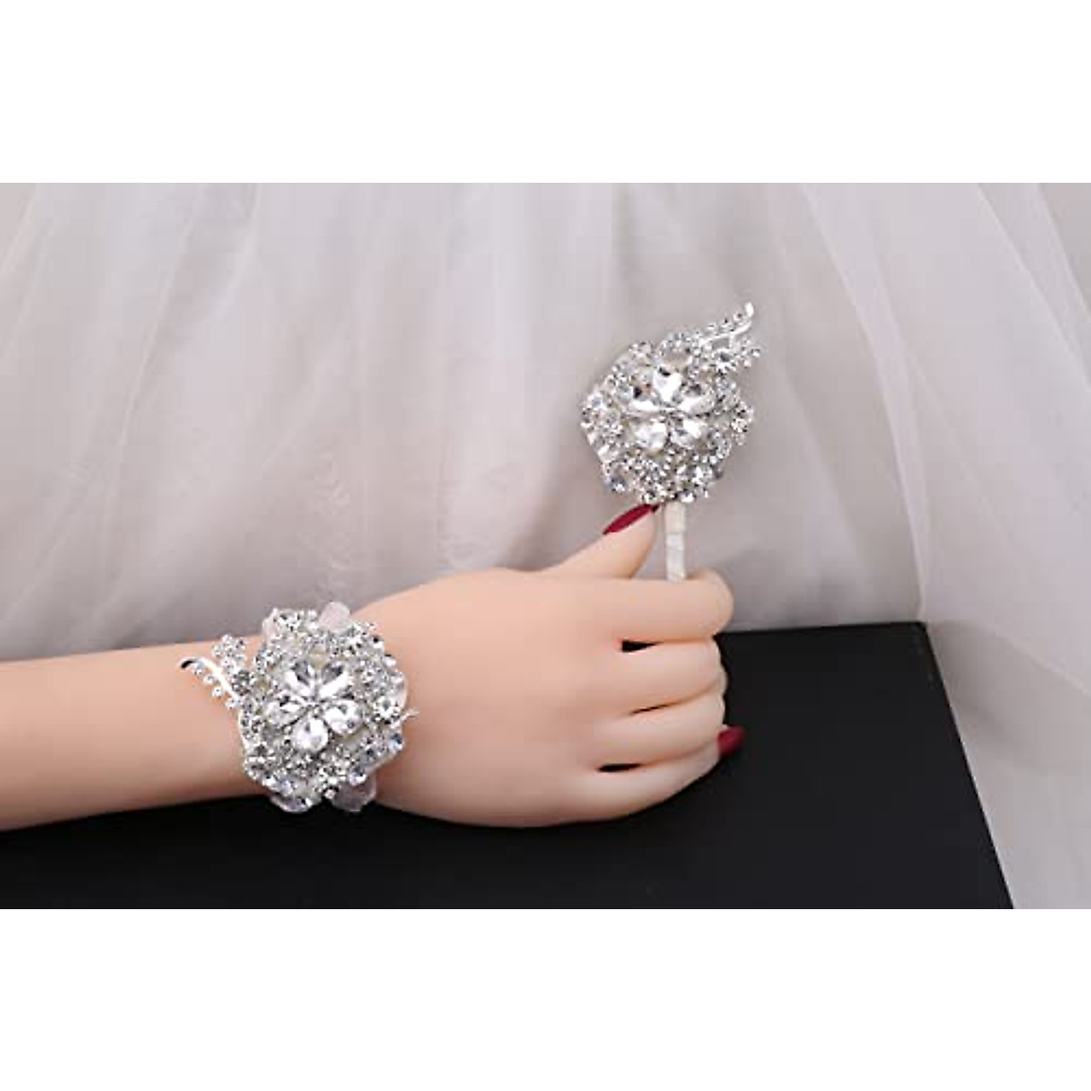 2 Pack Corsage Wristlet Luxury Dazzle Crystal Diamond Boutonniere Set Wrist*1 for bride and Corsage*1 for groom on Wedding Party