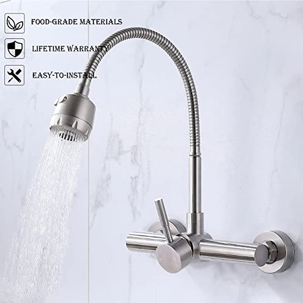 Wall Mount Faucet with Sprayer 7.6-8.4 Inch Center, Commercial Kitchen Sink Faucet, Brushed Nickle Stainless Steel Sink Mixer Tap, Laundry Utility Faucets with Pull Down Sprayer, NSF Lead-Free