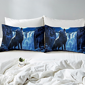 Moon Howling Wolf Bedding Set Twin Size,3D Wolf Duvet Cover Set Kids Boys Girls Room Decor,Waterfall Wild Animal Moonlight Comforter Cover 2Pcs,Blue Dark Night Nature Bedspreads Cover,1 Pillowcase