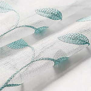 Fragrantex Sheer Kitchen Curtains 36" Length Spa Blue Leaf Embroidered Short Curtains for Bathroom Farmhouse Botanical Window Treatment Set for Cafe/Basement/Laundry,Rod Pocket 28" Wx36 L