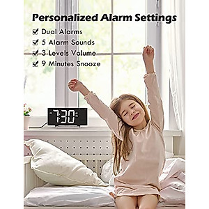 Projection Alarm Clock with FM Radio, USB Charging Port, 0-100% Dimmer, Dual Alarms, HD LED Display, 30 Preset Stations, Sleep Timer, 5 Alarm Sounds, Snooze, Curved Screen, Digital Clock for Bedroom