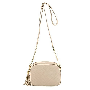 Simple Shoulder Crossbody Bag With Metal Chain Strap And Tassel Top Zipper (Beige)