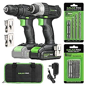 GALAX PRO Cordless Drill Driver/Impact Driver with 1pcs 1.3Ah Lithium-Ion Batteries, Charger Kit, 11pcs Accessories and Tool Bag