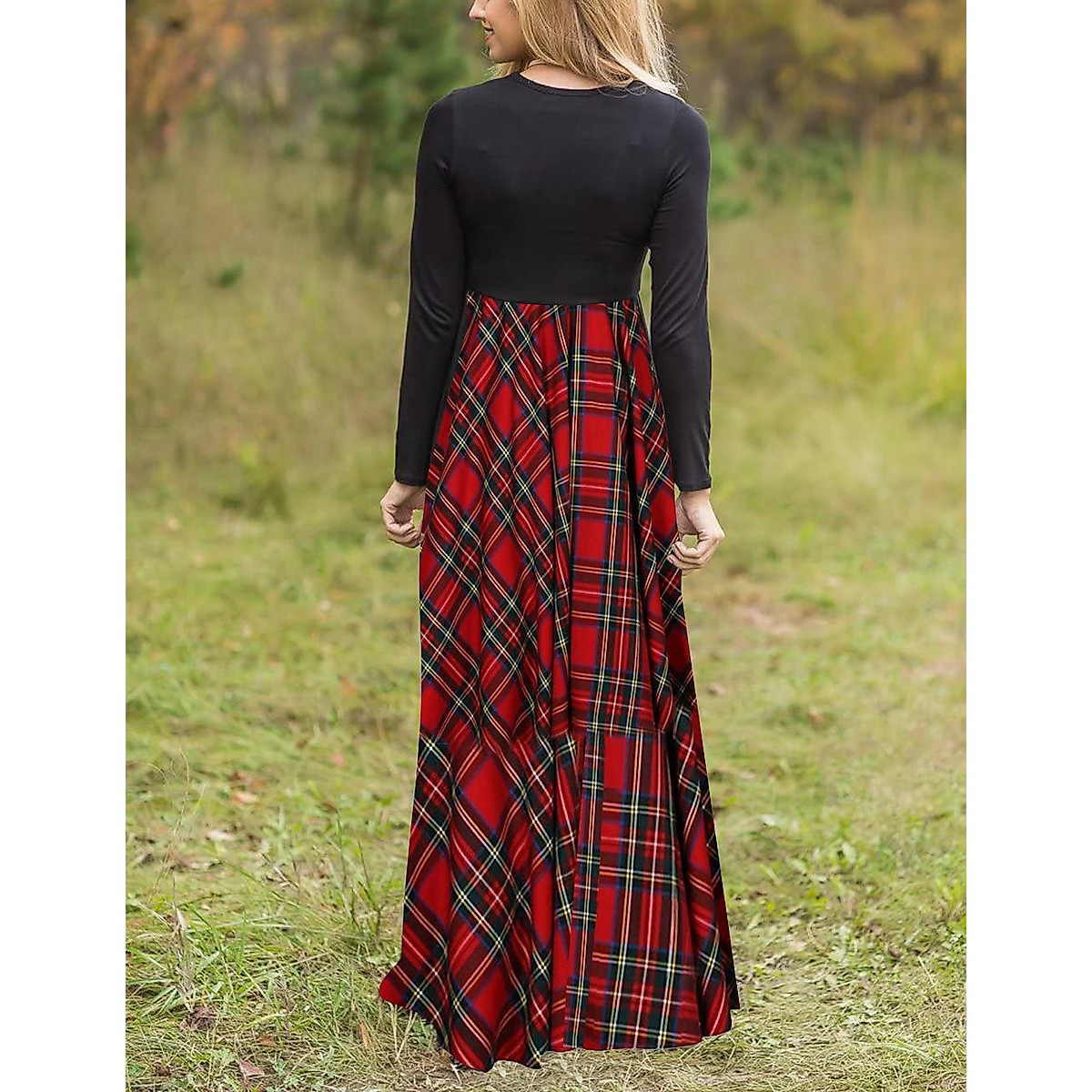 MEROKEETY Women's Plaid Long Sleeve Empire Waist Full Length Maxi Dress, Red#1, Large