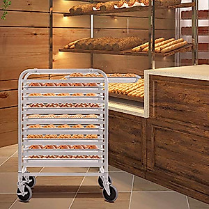 ReunionG 10 Tier Bun Pan Rack, Bakery Rack with 2 Lockable Wheels, 10 Sheet Aluminum Storage Cooling Trolley with Open Shelf, Dough Pizza Baking Mobile Rack for Home Commercial