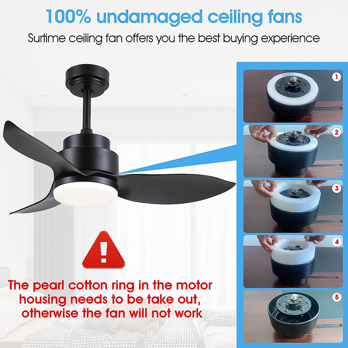 Surtime Modern Black Ceiling Fans with Lights and Remote, Indoor Outdoor Ceiling Fan for Patios,Living Room, Bedroom Etc 38" (with Lighting Memory Function)