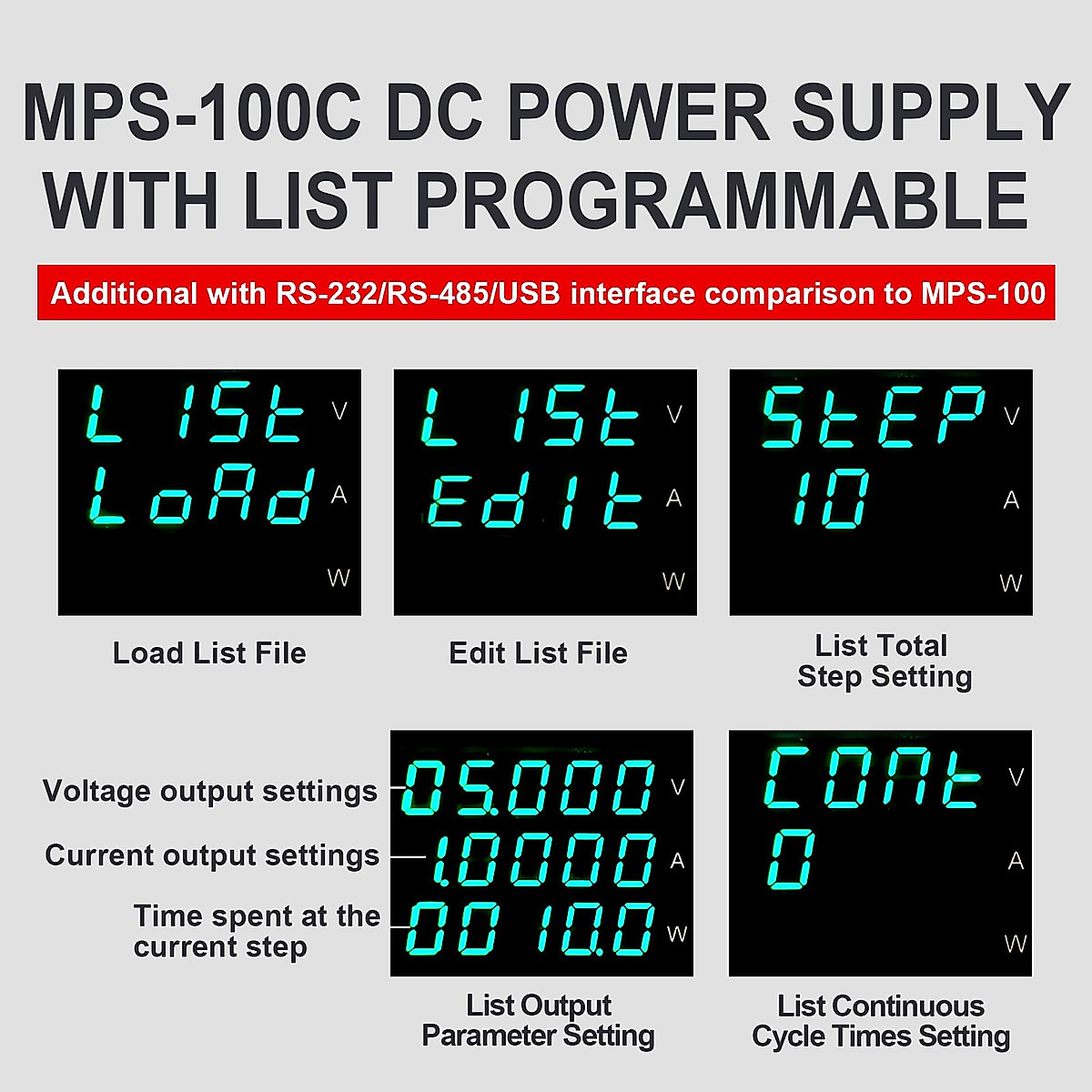 MATRIX DC Power Supply Variable 30V 5A with RS-232/485 Interface, List Sequence Programmable DC Power Supply MPS-100C, 1mV 0.1mA High-Resolution Linear Bench Power Supply with 9 Sets Storage