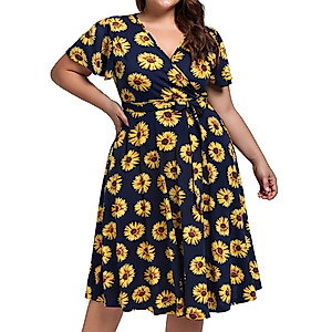kissmay Plus Size Midi Dress,Floral Casual Dresses with Pockets Spring&Summer Dress for Women 70s Plus Mid-Length Dress for Cocktail Party A Line Swing Dresses with Belted V Neck Blue Yellow 24 PlusL