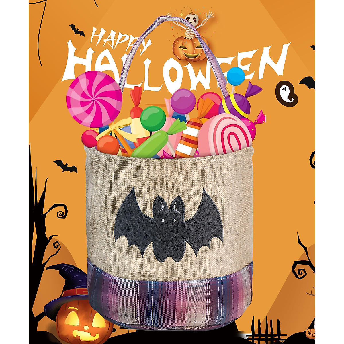 MT WORLD Personalized Halloween Bucket Pumpkin Pail Canvas Candy Bucket Large Reusable Trick or Treat Tote Bags for Girls Boys Halloween Cookies Gifts (Pumpkin)