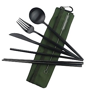 Gugrida Reusable Travel Utensils, 7 Piece Portable 304 Stainless Steel including Knife Fork Spoon Chopsticks Cleaning Brush Straws Portable Pouch, Eco-friendly Camping Silverware Set, Dishwasher Safe