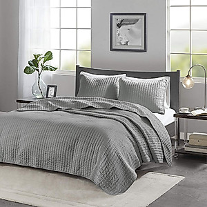 Madison Park Keaton Quilt Set-Casual Channel Stitching Design All Season, Lightweight Coverlet Bedspread Bedding, Shams, Full/Queen(90"x90"), Stripe Grey, 3 Piece