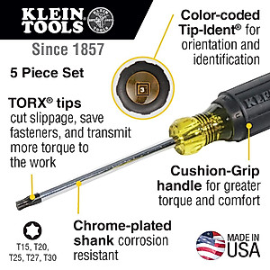 Klein Tools 19555 TORX Cushion Grip Screwdriver Set, Made in USA, T15, T20, T25, T27 and T30 Tip sizes, 5-Piece