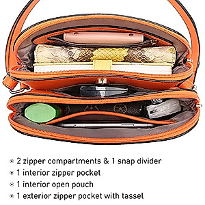Dasein Women Tassel Zipper Pocket Crossbody Bag Shoulder Purse Fashion Travel Bag with Multi Pockets(1-Orange)