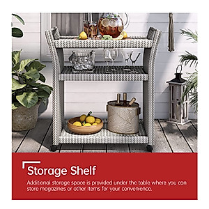 PayLessHere Outdoor PE Wicker Side Table Patio Coffee Table, Wicker Rattan Porch Coffee Table with Storage Shelf, Aluminum Frame, Gray