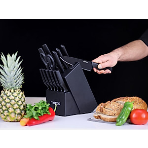 Kitchen Knife Set with Block and Sharpener 16 Pcs German Stainless Steel Knife Block Set with Cutting Board, Finger Protector for Cutting Food and Knife Sharpener Knives Set for Kitchen