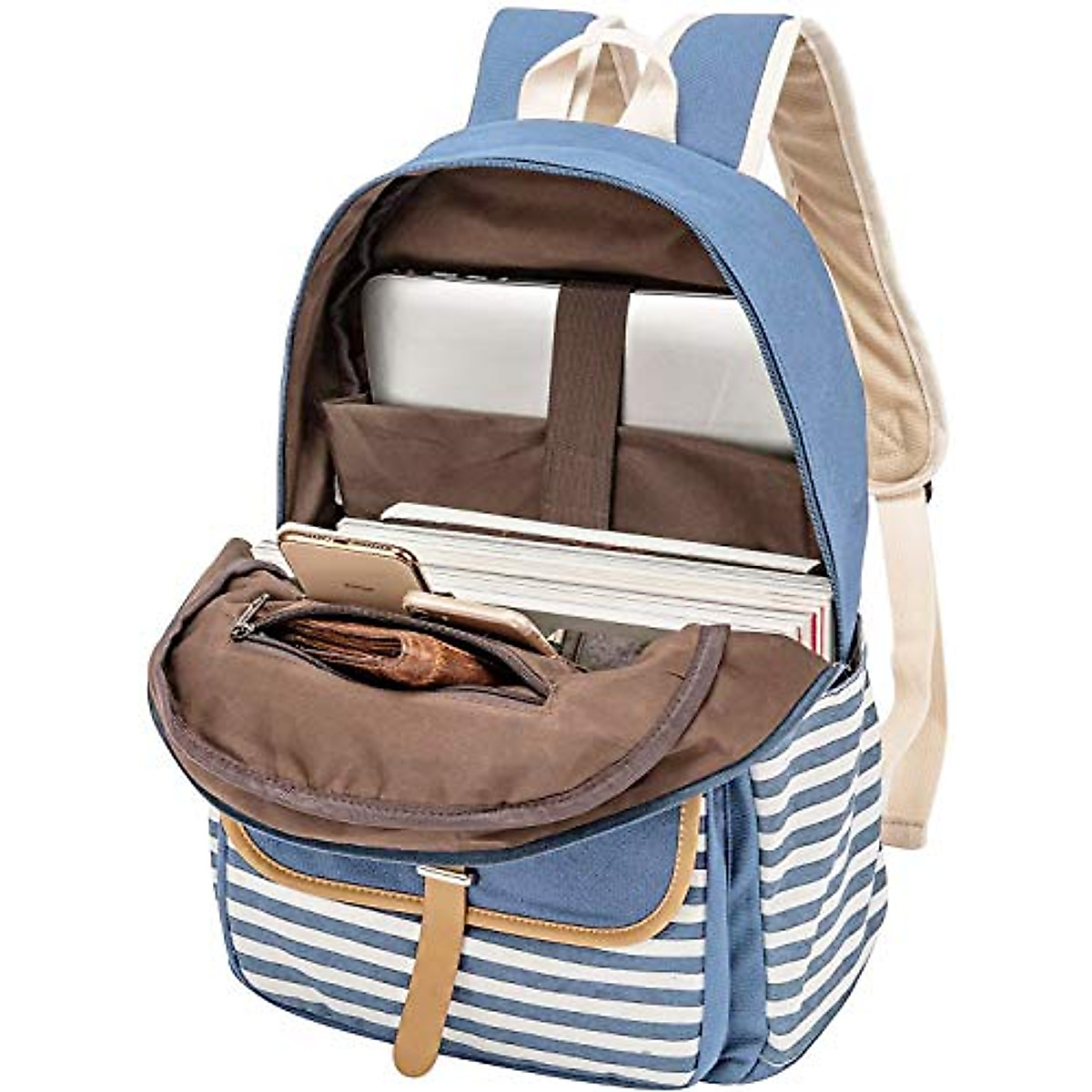 Createy 4 Pcs Canvas Backpack for Girls School Bag Kids Bookbags Teen Backpack Travel Daypack Stripe Backpack with Lunch Box and Pencil Case