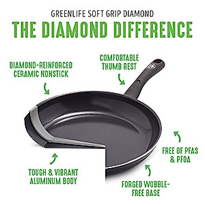 GreenLife Soft Grip Diamond Healthy Ceramic Nonstick, 13 Piece Cookware Pots and Pans Set, PFAS-Free, Dishwasher Safe, Black