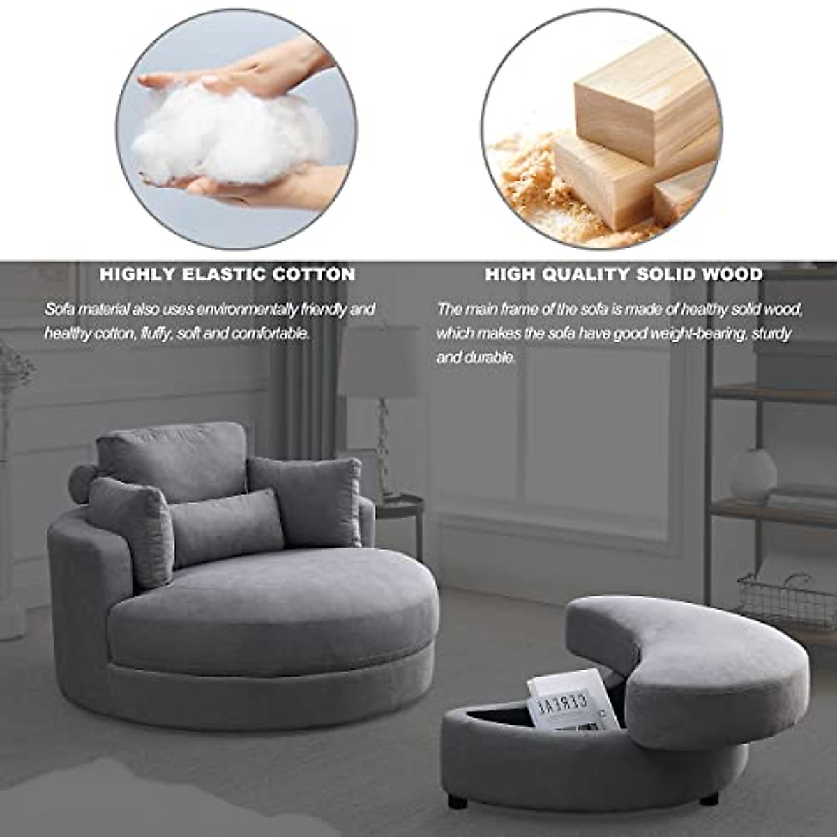 Swivel Accent Barrel Chair with Storage Ottoman,Comfy Teddy Upholstered 360° Recliner Sofa Club Chaise Leisure Round Lounge Armchair Singel Lazy Sofá Arm Chairs and Footrest Set for Living Room/Hotel