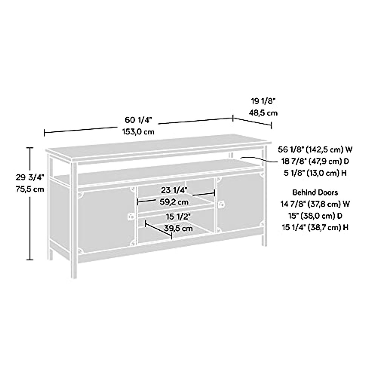 Sauder Steel River TV Stand with Doors, L: 60.24" x W: 19.09" x H: 29.72", Milled Mesquite Finish