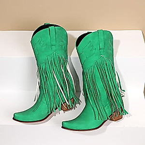Comfortable Pull On Chunky Heel Pointed Toe Fringed Boots Western Knee High Boots Mid Boots Chunky High Heel Green