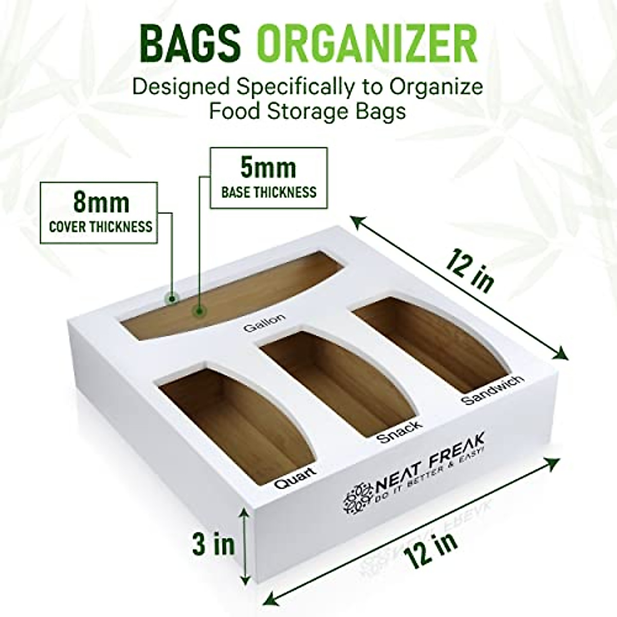 Neat Freak Baggie Organizer Dispenser – 4-in-1 Ziploc Bag Storage Organizer for Drawer – Bamboo Baggie Organizer For Wall– Ziploc Bag Organizer for Quart, Snack, Gallon, Sandwich - White Color.
