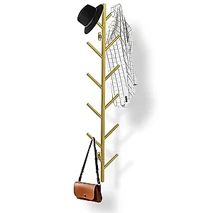 Omsaca Wall Mounted Coat Rack, Hat Tree For Wall, Modern Metal Wall Clothes Rack, Purse Rack With 11 Hooks, Space Saving And Easy Installation, Suitable For Living Room, Bedroom, Entryway-Tree Golden