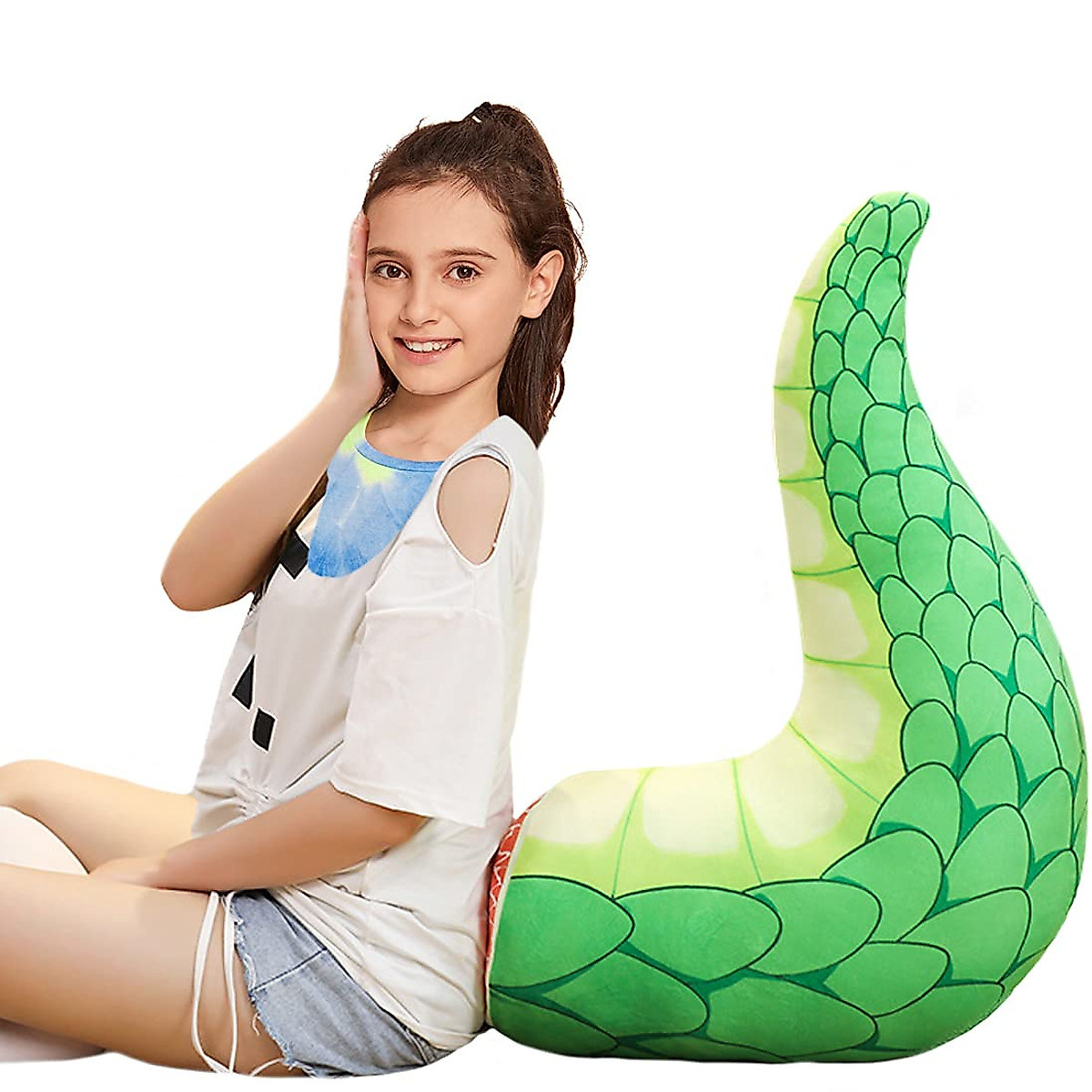 ELAINREN Fluffy Dinosaur Tail Shape Plush Neck Pillow Soft Dragon Tails Stuffed Body Pillow Cartoon Green Dino Tail Plushie Cushion Decor/23.6''
