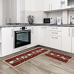 Poinsettia Flower Kitchen Mats Anti Fatigue 2 Piece, Kitchen Mats for Floor, Comfort Mat for Kitchen Floor, Non Skid Mats for Kitchen,Office,Sink,Oven,Laundry, Christmas Farmhouse Red Black Check